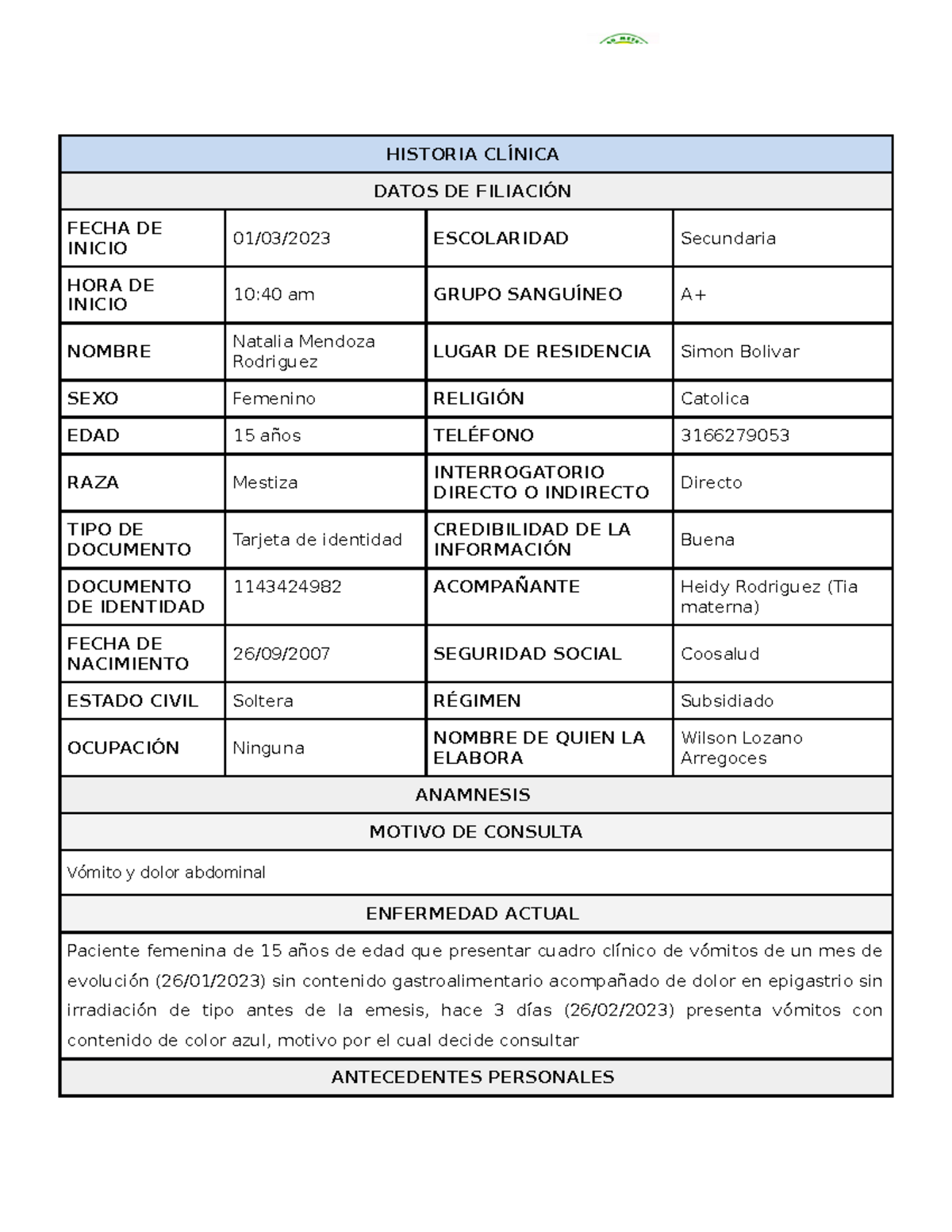 Historia Clinica - HISTORIA CLÍNICA DATOS DE FILIACIÓN FECHA DE INICIO ...