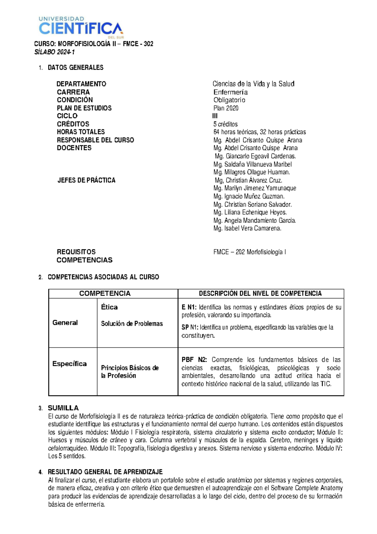 Silabo Morfo 2 - CURSO: MORFOFISIOLOGÍA II – FMCE - 302 SÍLABO 2024 - 1 1. DATOS GENERALES - Studocu