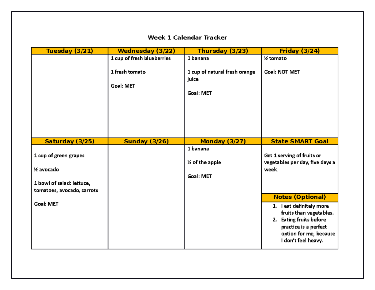 Week 1 Calendar - smart goal table - Week 1 Calendar Tracker Tuesday (3 ...
