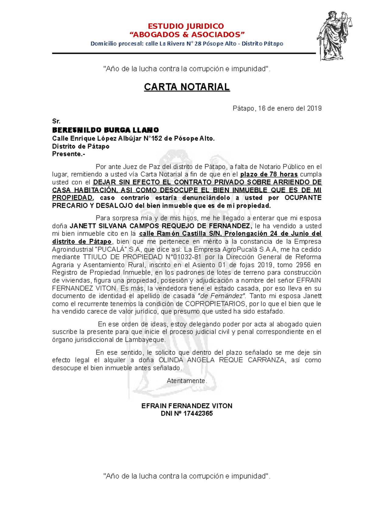 Carta Notarial Trujillano - “ABOGADOS & ASOCIADOS” Domicilio procesal ...