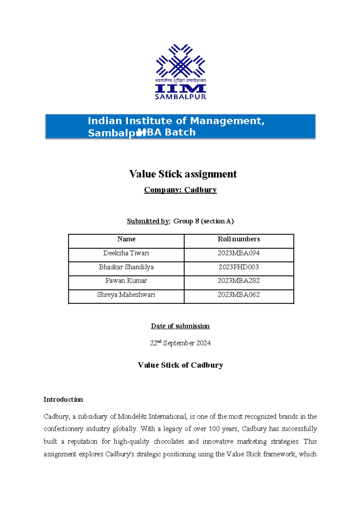 Value Stick of Cadbury - NICE - Value Stick assignment Company: Cadbury ...
