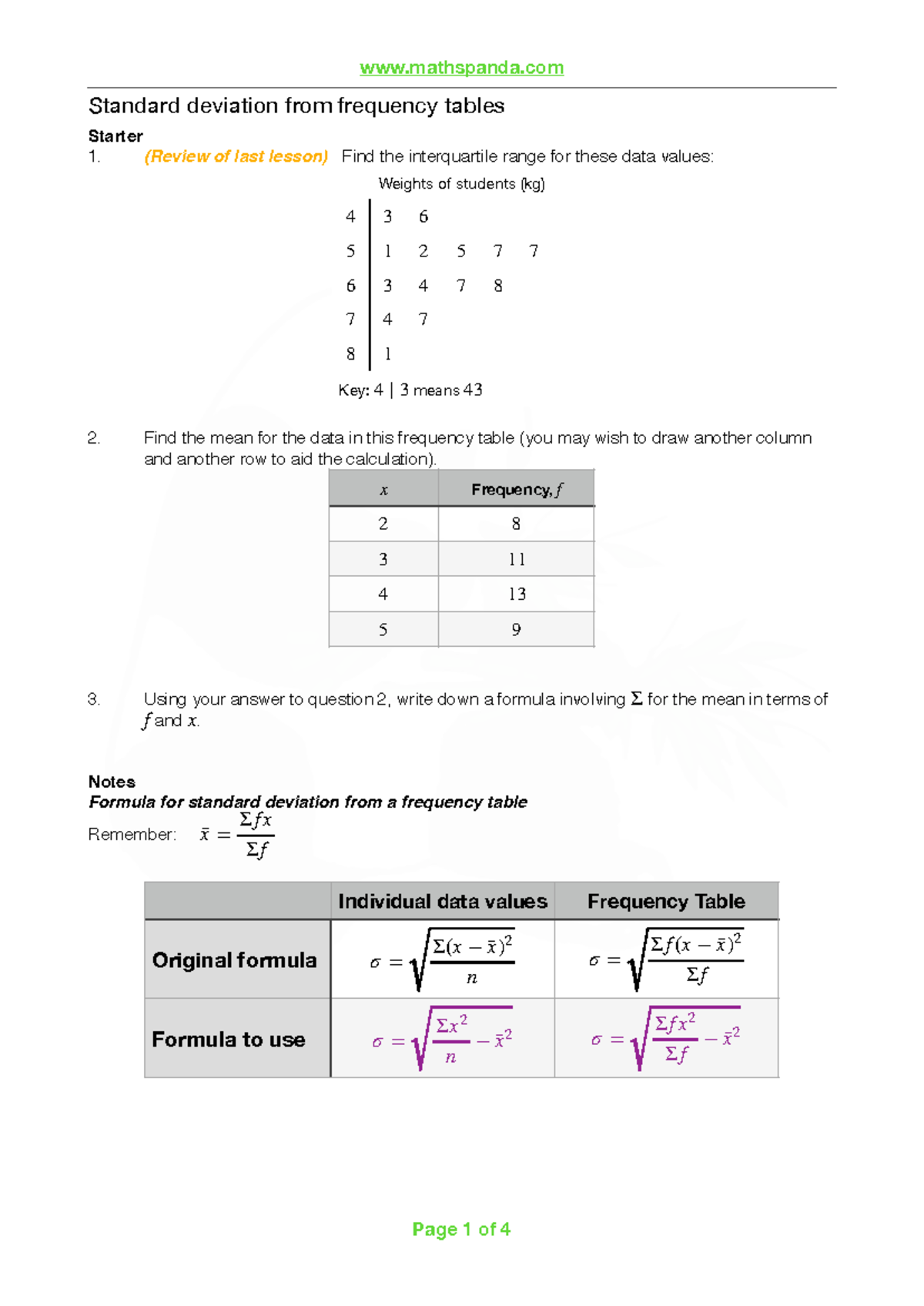 Standard deviation from frequency tables Lesson - Standard deviation ...