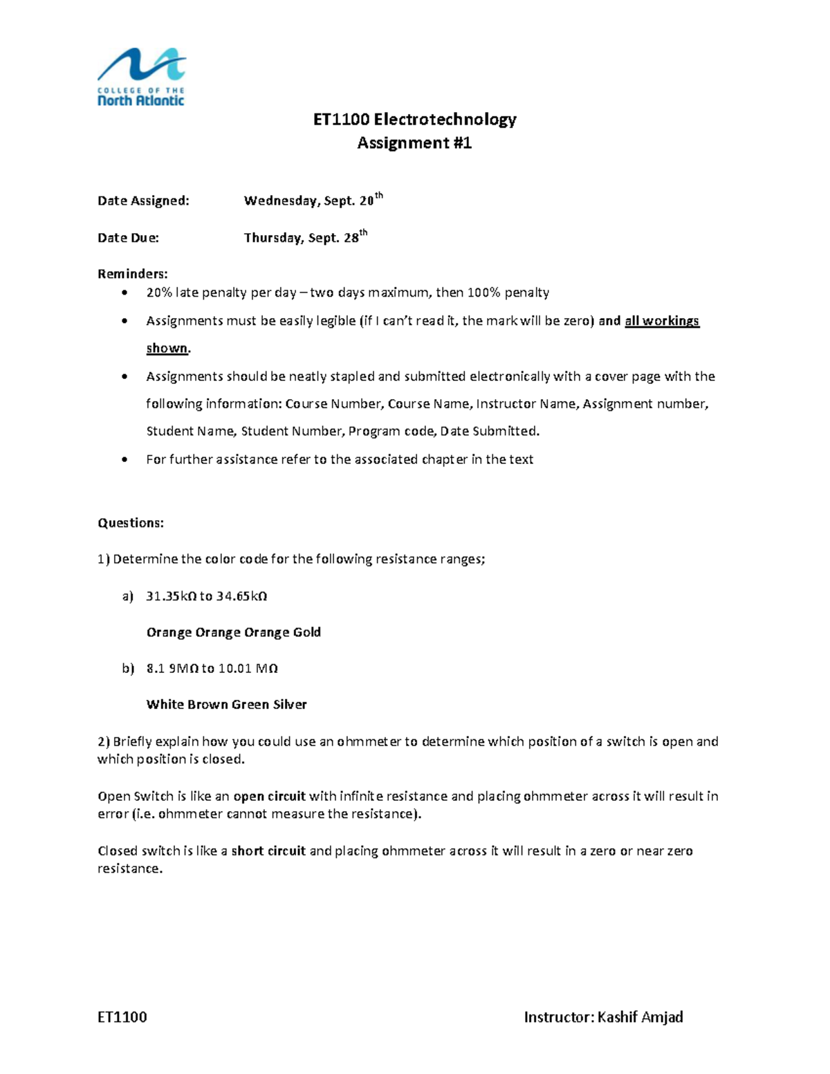 Assignment #1 - Solutions - ET1100 Electrotechnology Assignment Date ...
