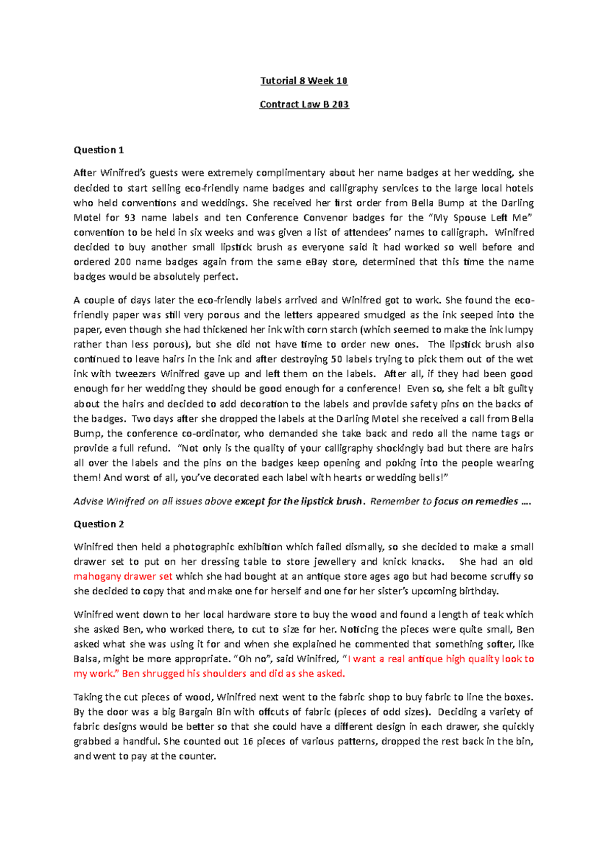 W8 Tutorial - Tutorial 8 Week 10 Contract Law B 203 Question 1 After ...
