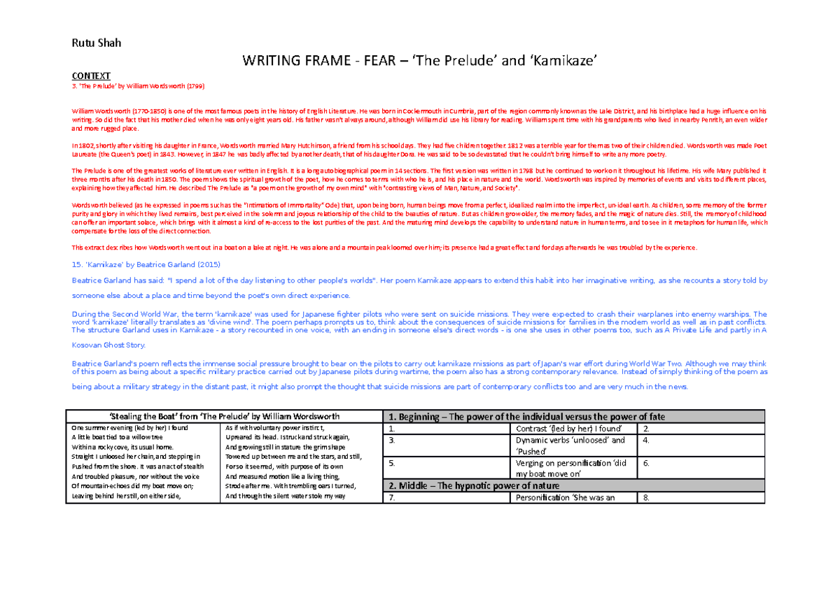 FEAR - ‘The Prelude’ and ‘Kamikaze’ - WRITING FRAME - FEAR – ‘The ...