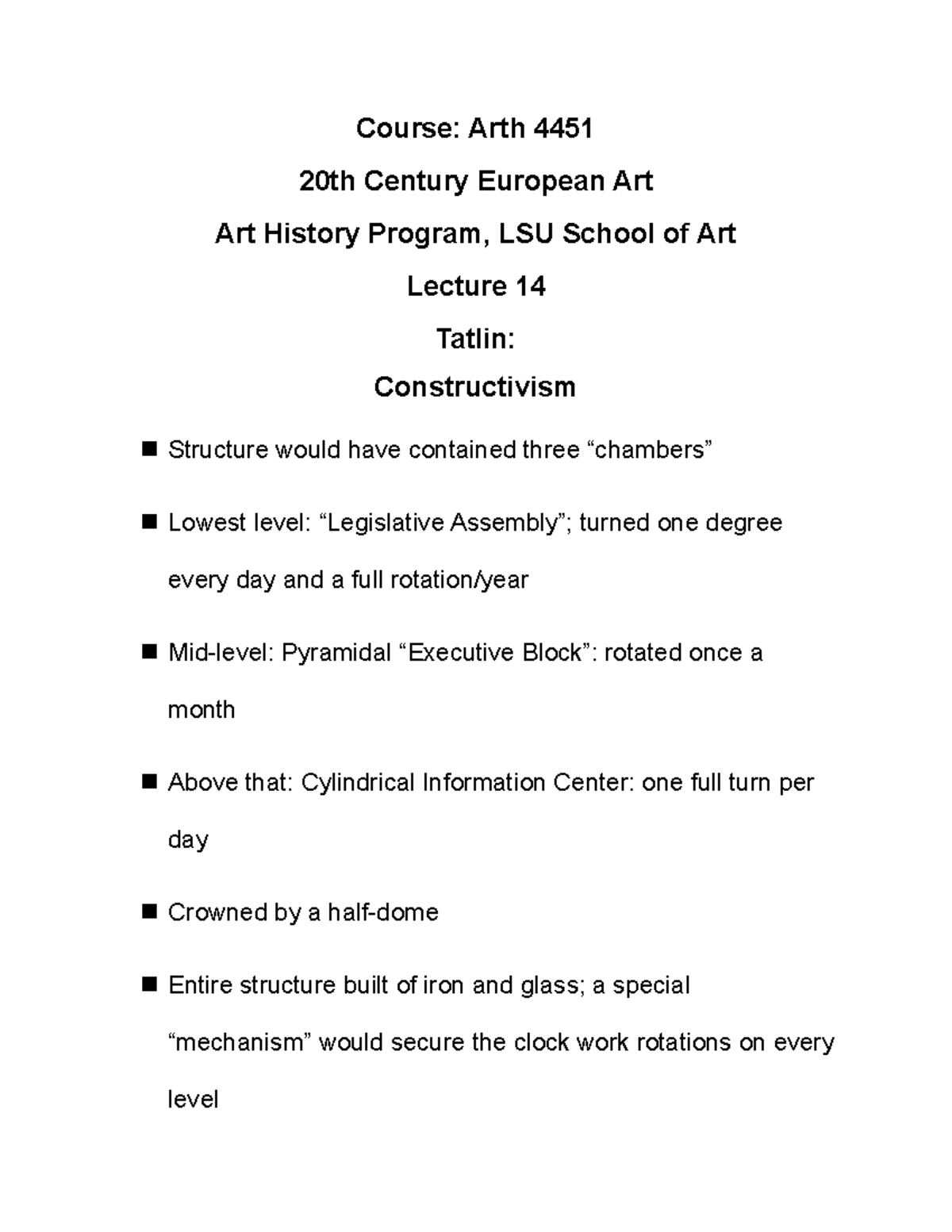 Tatlin 2 - ARTH 20th century art history notes - Course: Arth 4451 20th ...