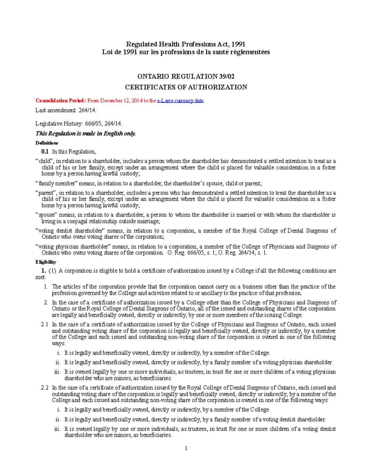 Regulated health act - Regulated Health Professions Act, 1991 Loi de ...