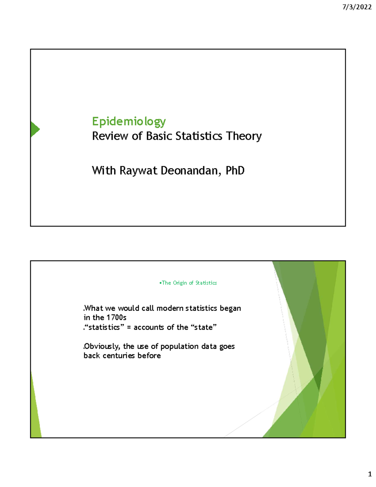 Review of Basic Statistics Theory - Epidemiology Review of Basic ...