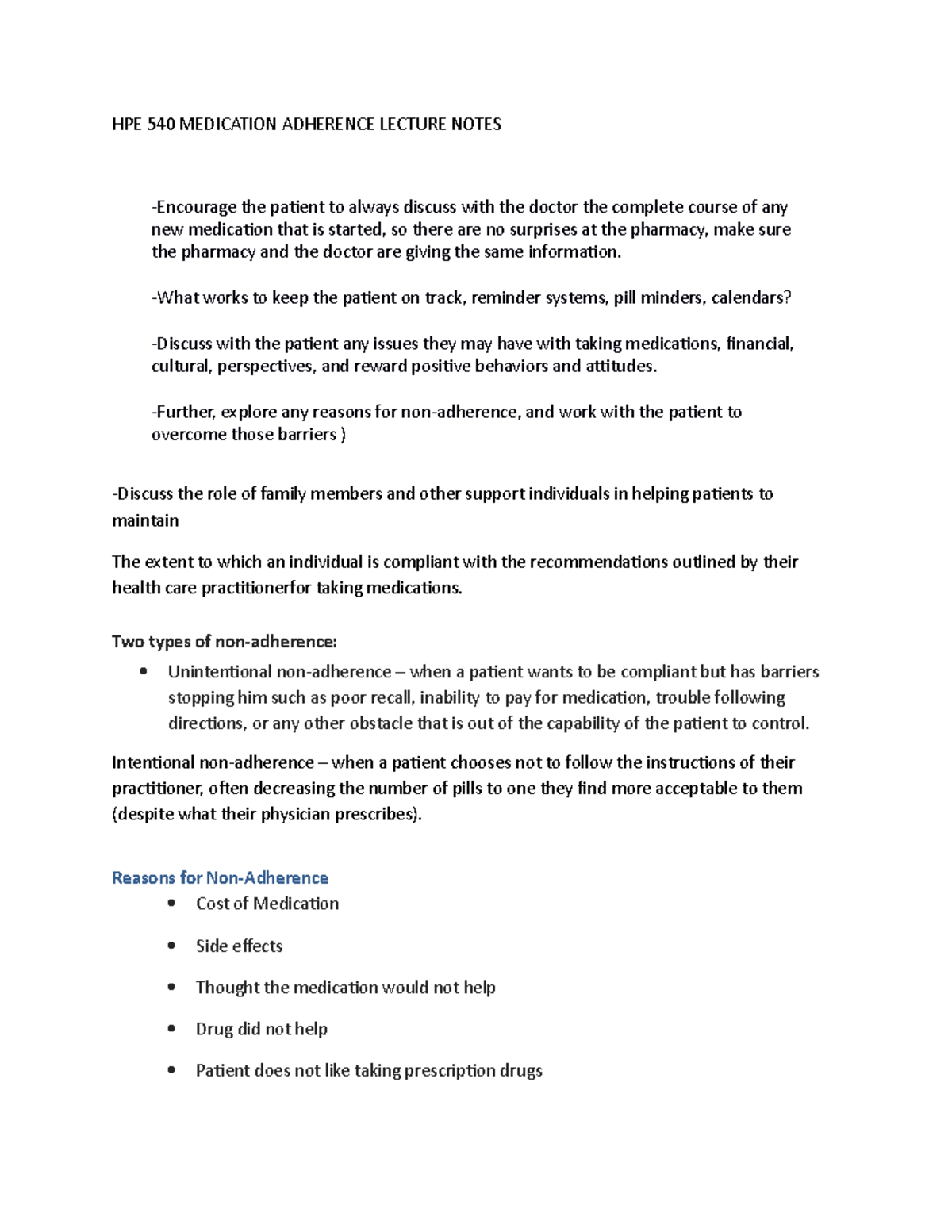 HPE 540 Medication Adherence Lecture Notes - HPE 540 MEDICATION ...