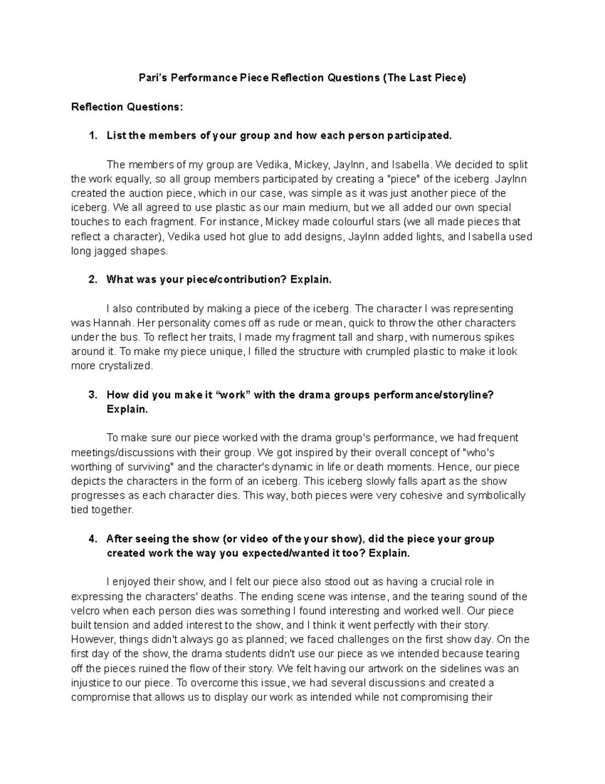 Drama Reflection Questions - Pari’s Performance Piece Reflection ...