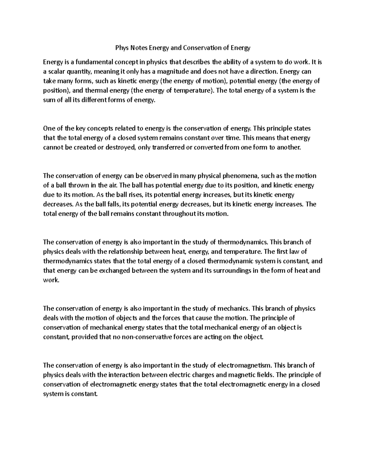 Phys Notes Energy and Conservation of Energy - It is a scalar quantity ...