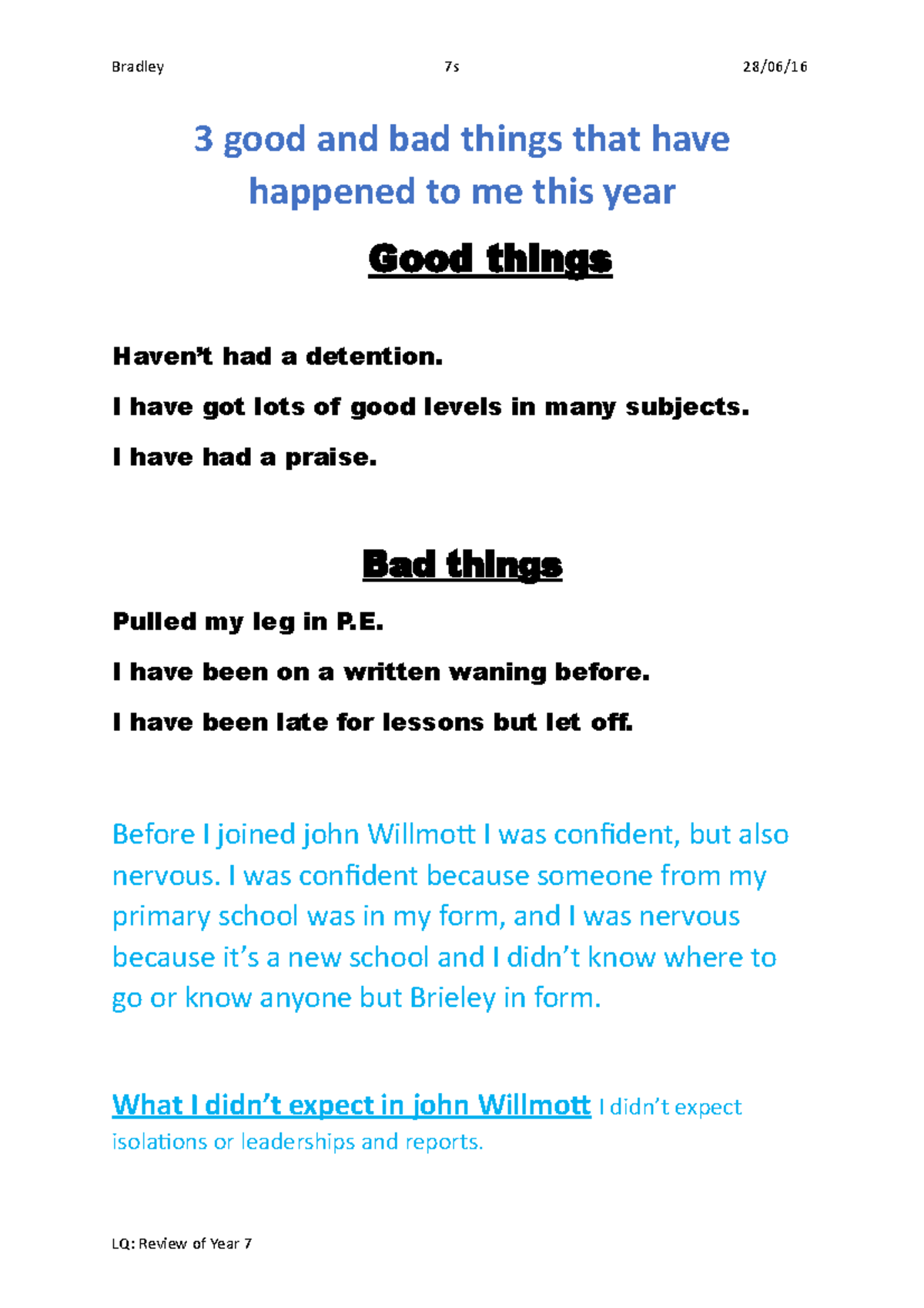 3 good and bad things that have happened to me this year - Bradley 7s ...