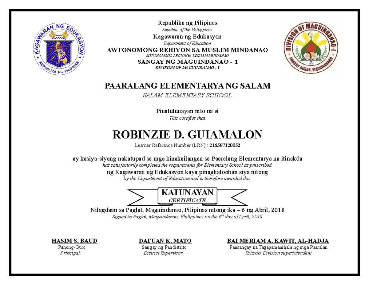 Diploma Paglat District 2018 - Republika ng Pilipinas Republic of the ...