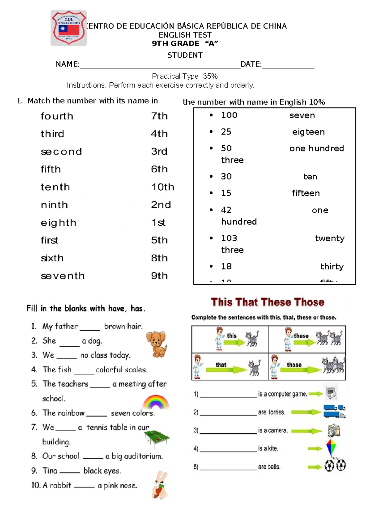 English Test 9th A - practica - CENTRO DE EDUCACIÓN BÁSICA REPÚBLICA DE ...