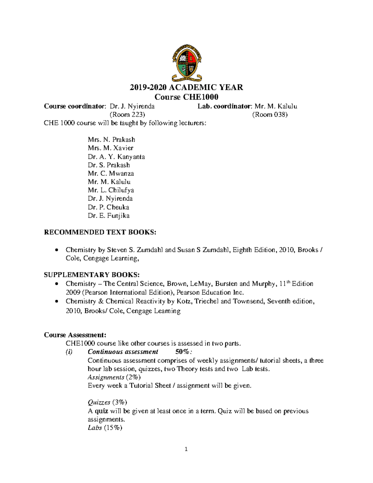 Information FOR CHE1000 2019 Academic YEAR FEB10-2020 - 201 9- 2020 ...