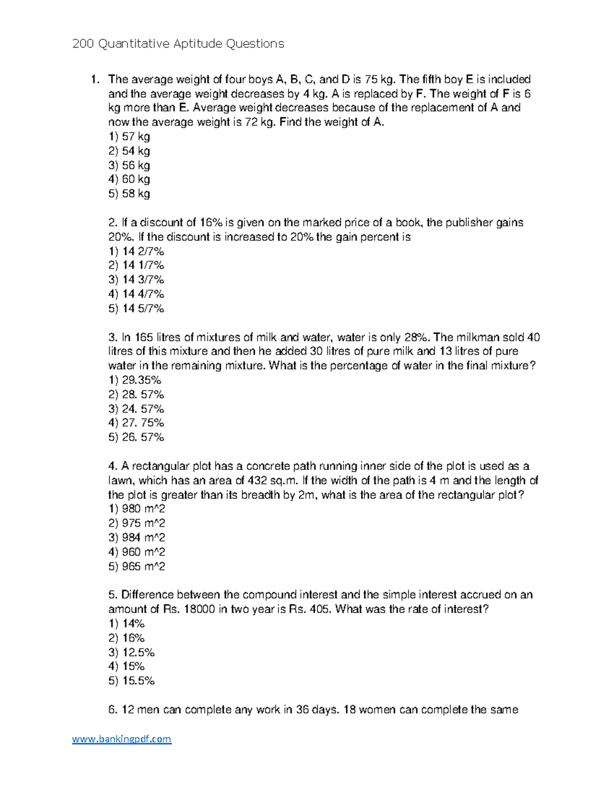 200 Quantitative Aptitude Questions PDF ( PDFDrive ) - The average ...