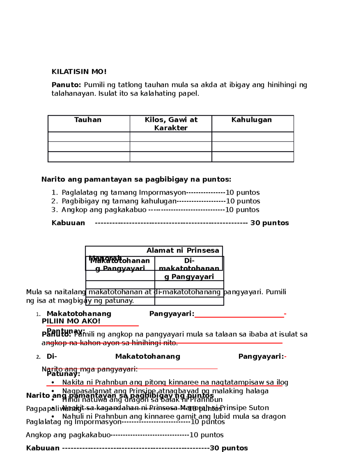 Pagtataya - Paglalapi - KILATISIN MO! Panuto: Pumili ng tatlong tauhan ...