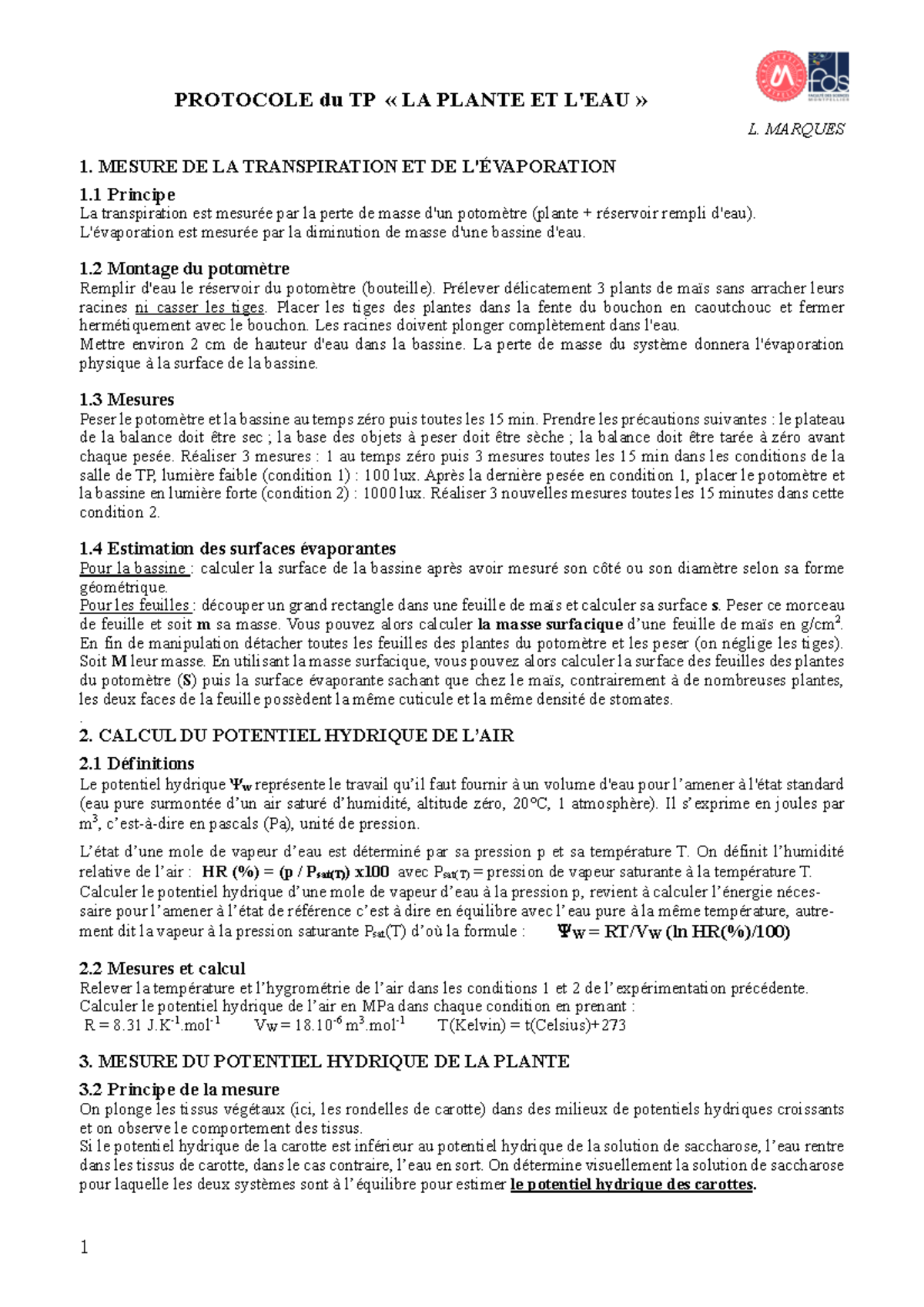 2022 Protocoles TP1 - 2022 Protocols TP1 - 1 PROTOCOLE du TP « LA PLANTE ET L'EAU » L. MARQUES 1 ...