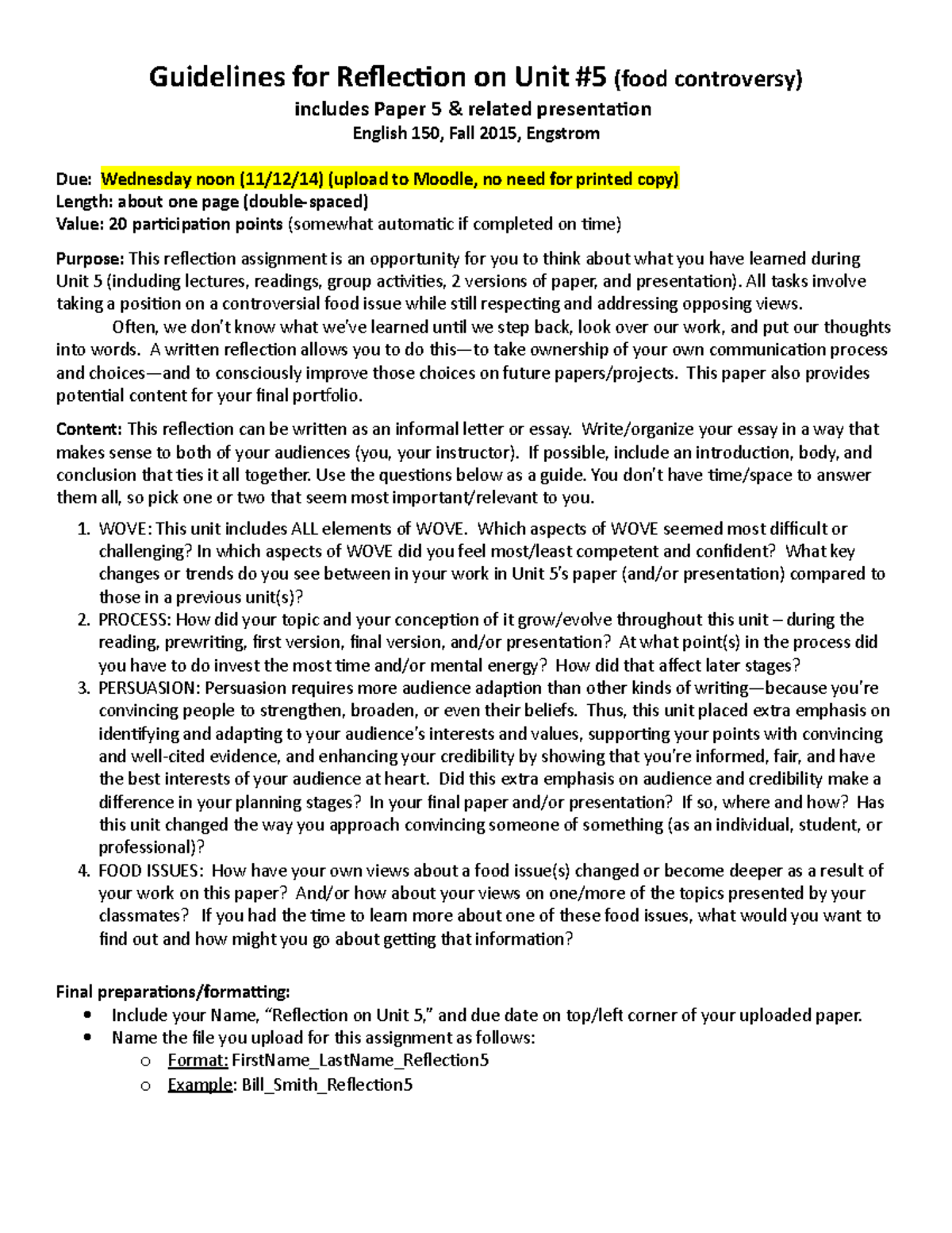 Paper 5 Reflection - Grade: A - Guidelines for Reflection on Unit #5 ...