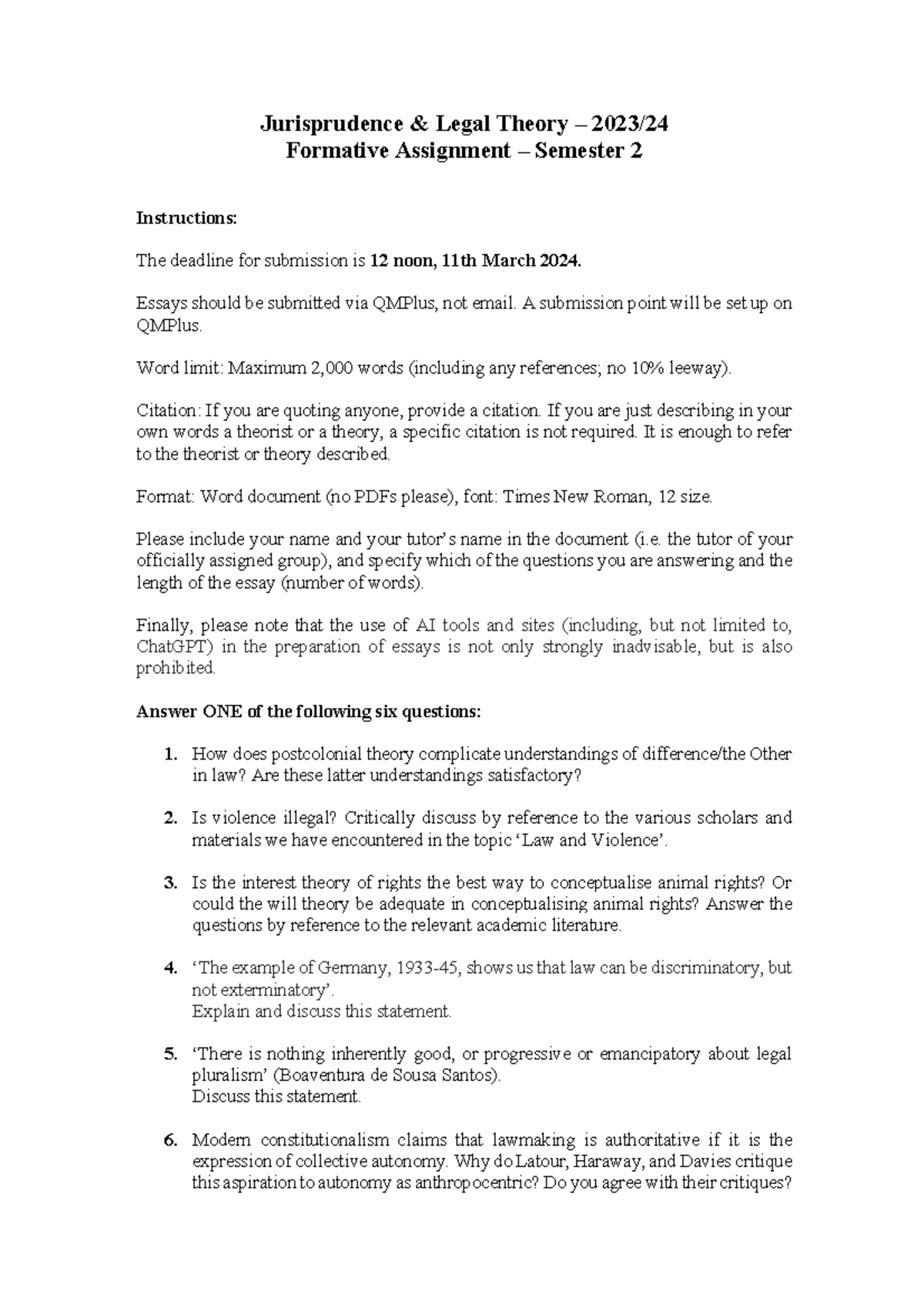 Formative Assignment - Semester 2 - 2023-24 - Jurisprudence & Legal Theory – 2023 / 24 Formative ...