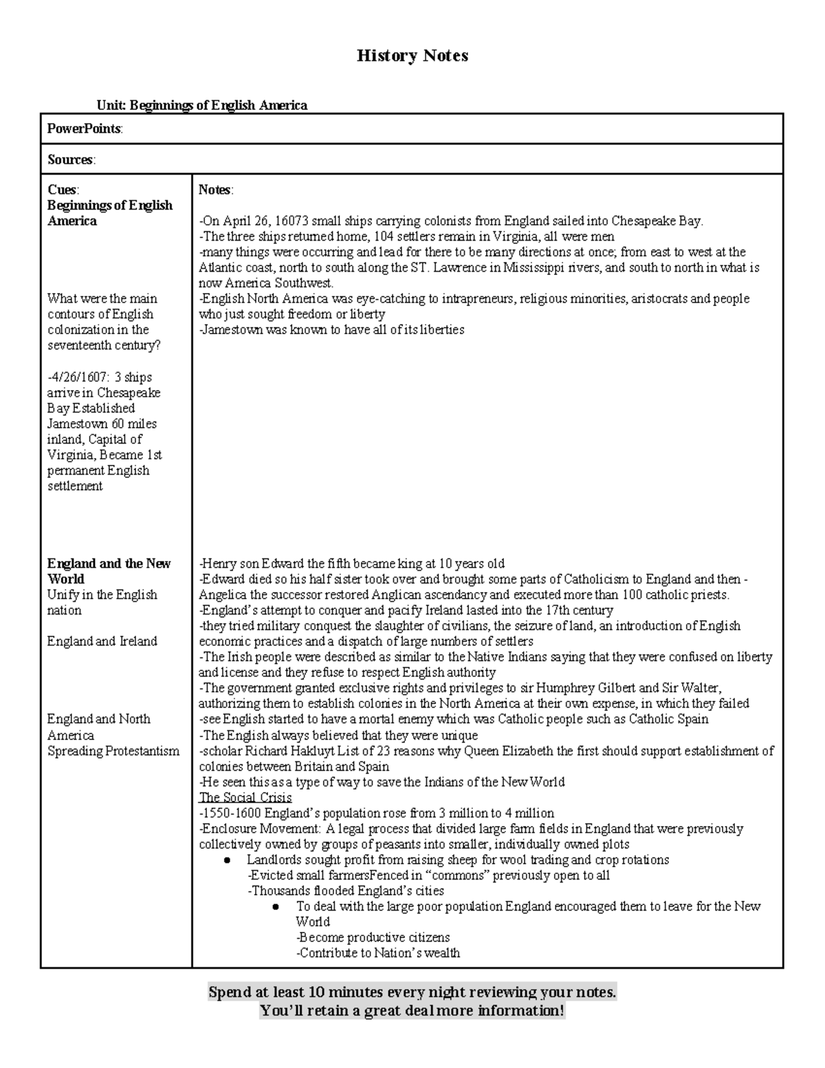 Chapter 2 notes - History Notes Unit: Beginnings of English America ...