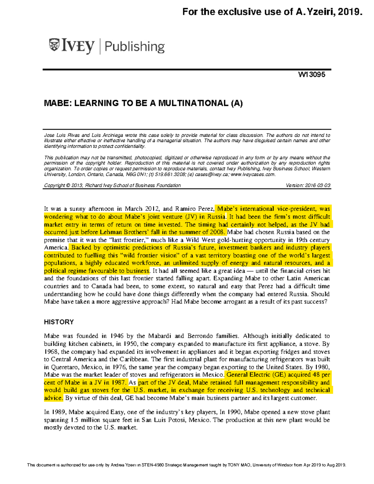 Mabe Case Study - W MABE: LEARNING TO BE A MULTINATIONAL (A) Jose Luis ...