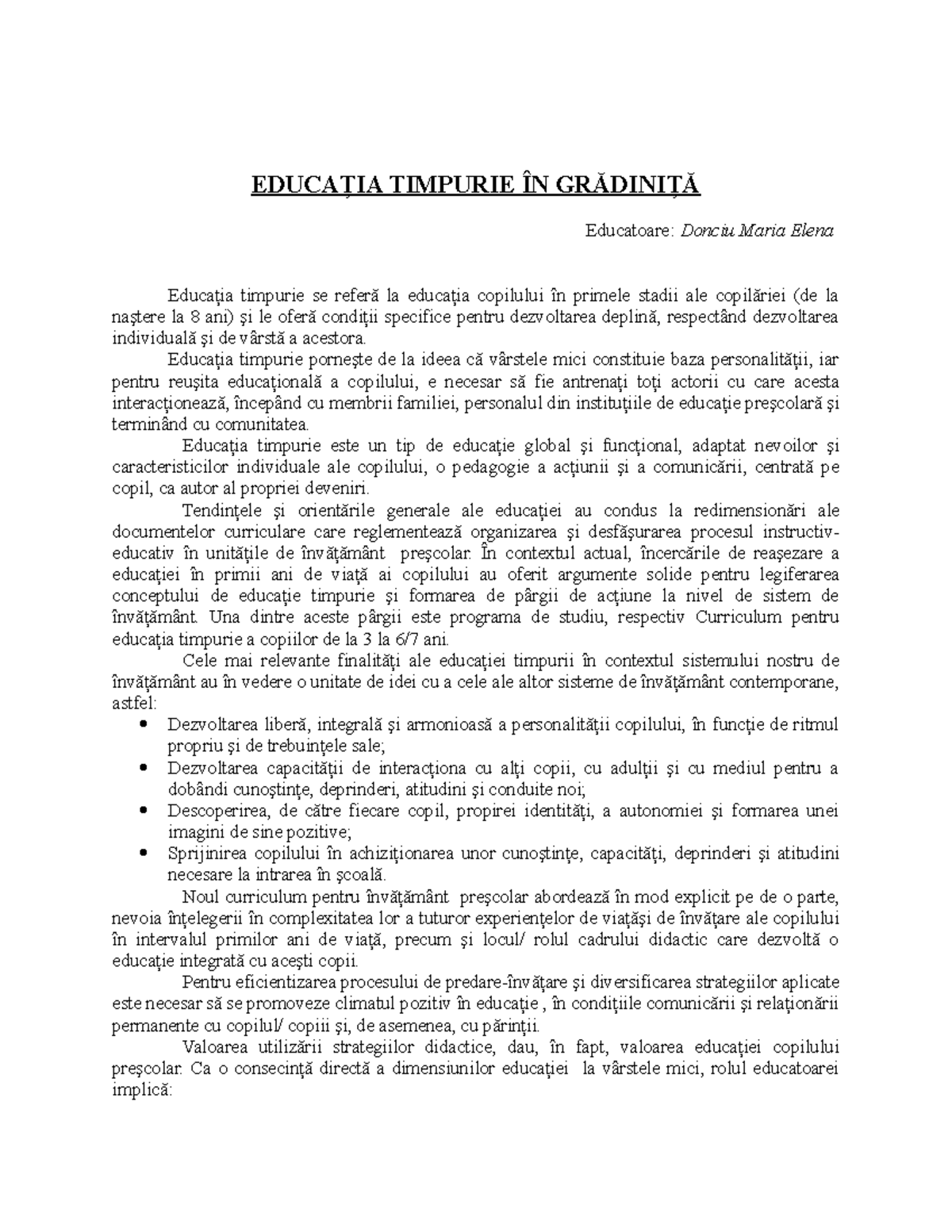 Studiu individual-Gradinița cu P.N Coroiesti - EDUCAŢIA TIMPURIE ÎN ...