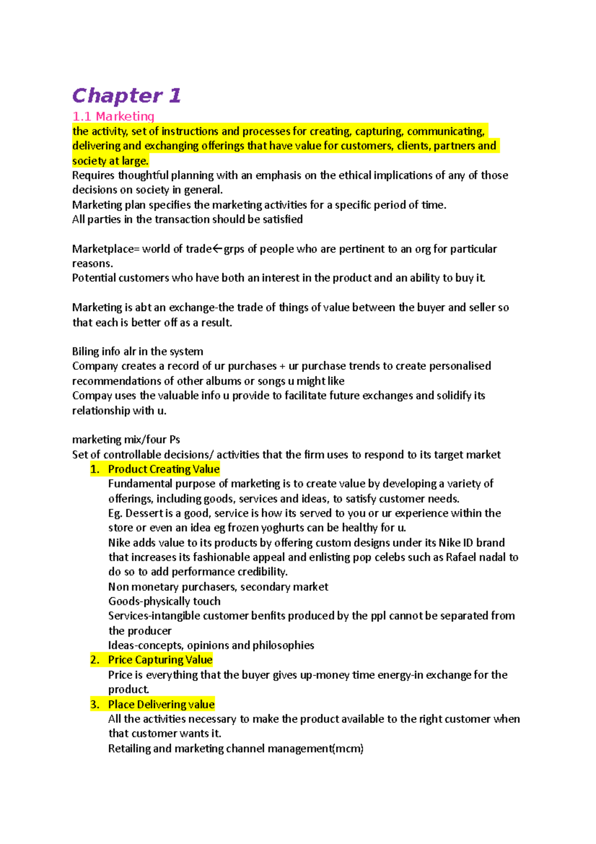 chpt notes for marketing - Chapter 1 1 Marketing the activity, set of ...