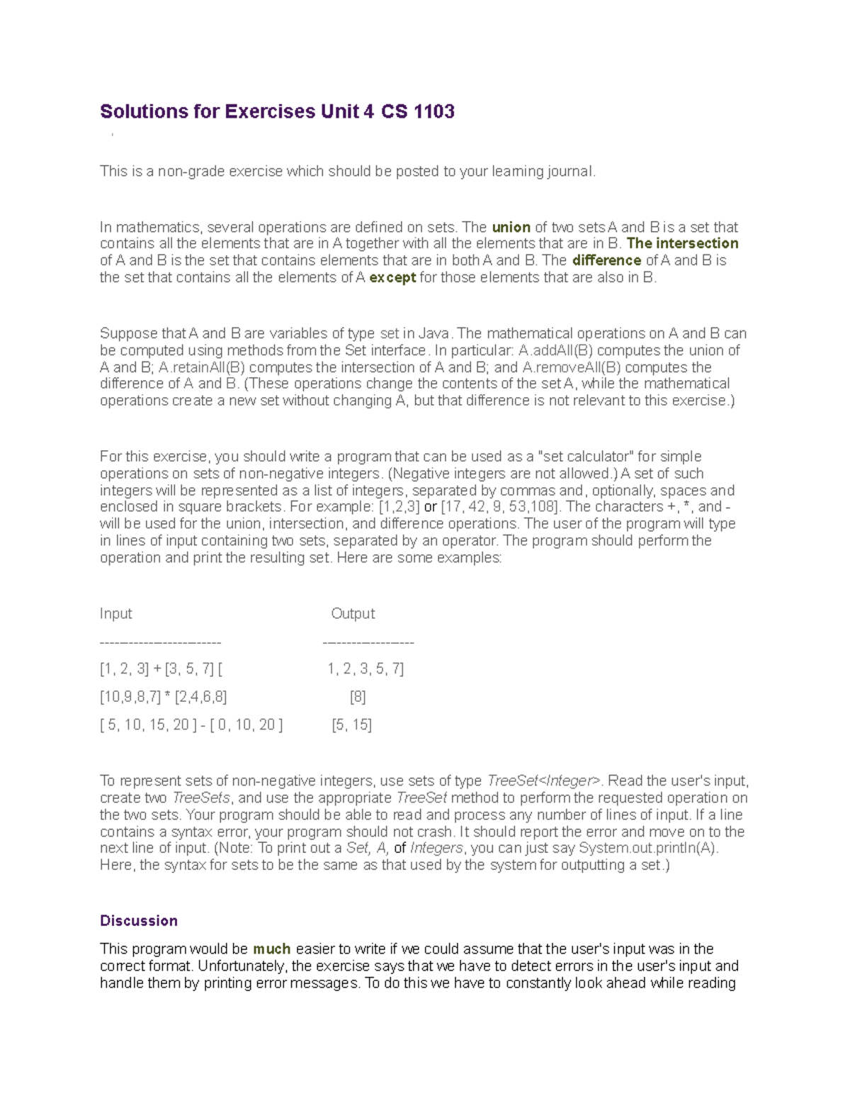 Solutions for Exercise Unit 4 CS 1103 - Solutions for Exercises Unit 4 ...