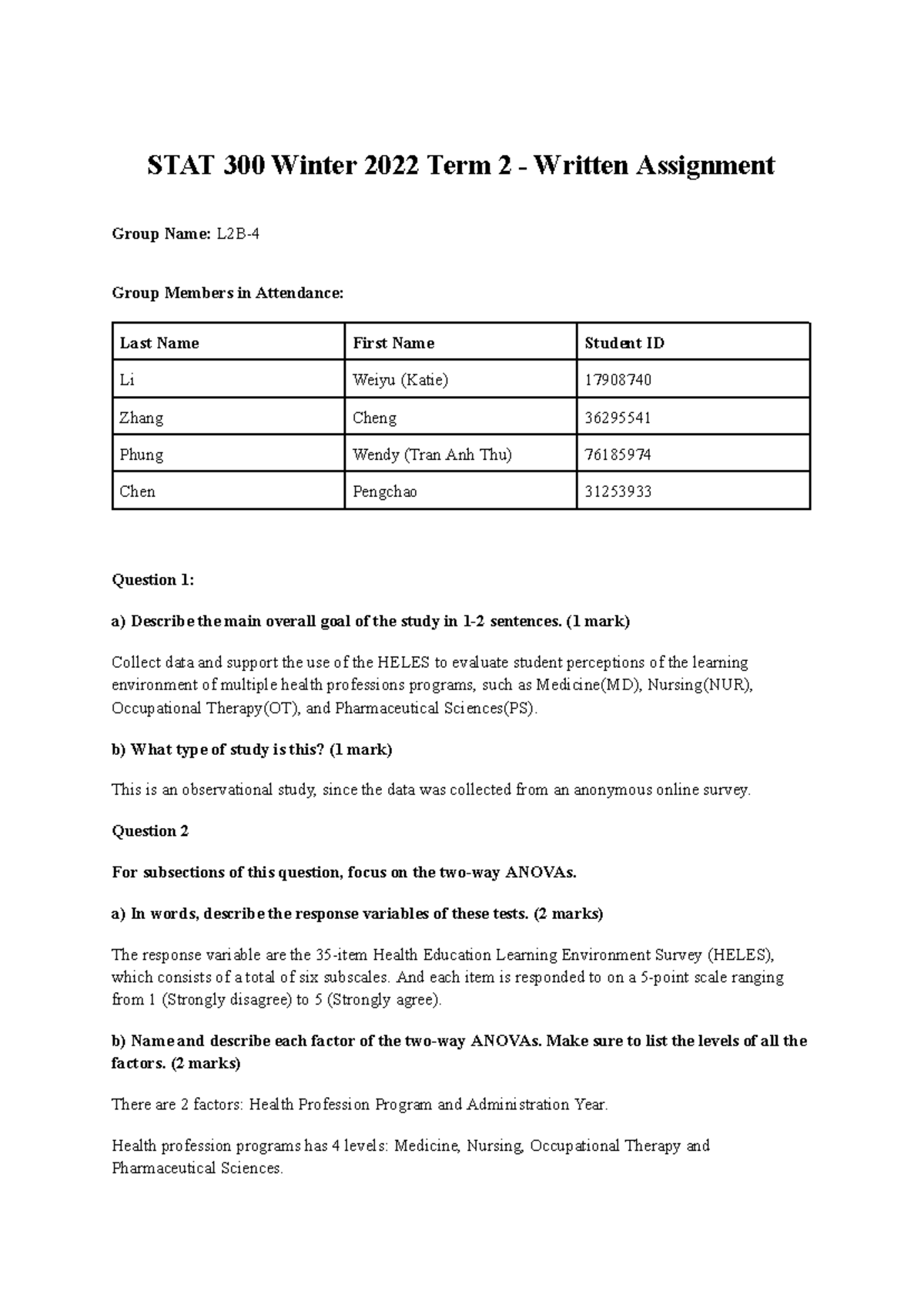 STAT 300 Winter 2022 Term 1 - Written Assignment - STAT 300 Winter 2022 ...