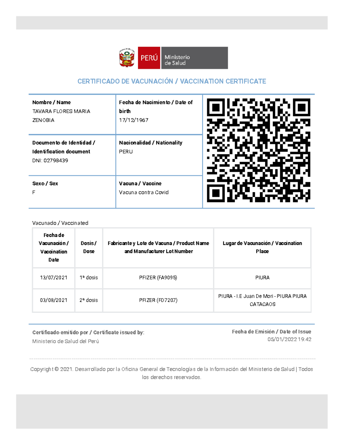 Maria zenobia Carnet Vacunación Document - Certificado emitido por / Certificate issued by ...