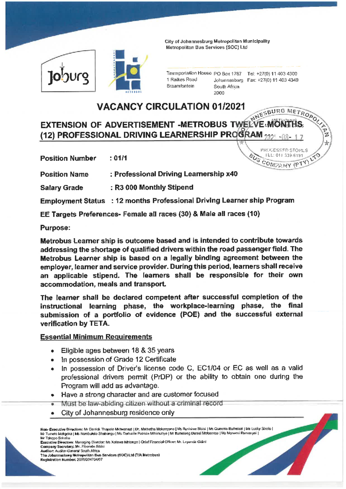 12 Months Professional Driving Learnership Program - SOC2604 - Unisa ...