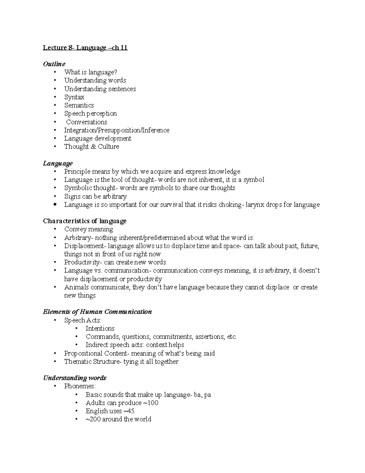 Lecture 8- Langauge - Outline: language, characteristics of language ...