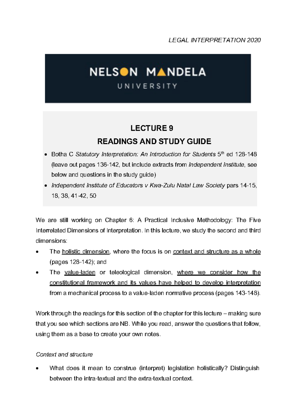 Legal Interpretation Lecture 9 Study Guide The Holistic and Value-Laden ...