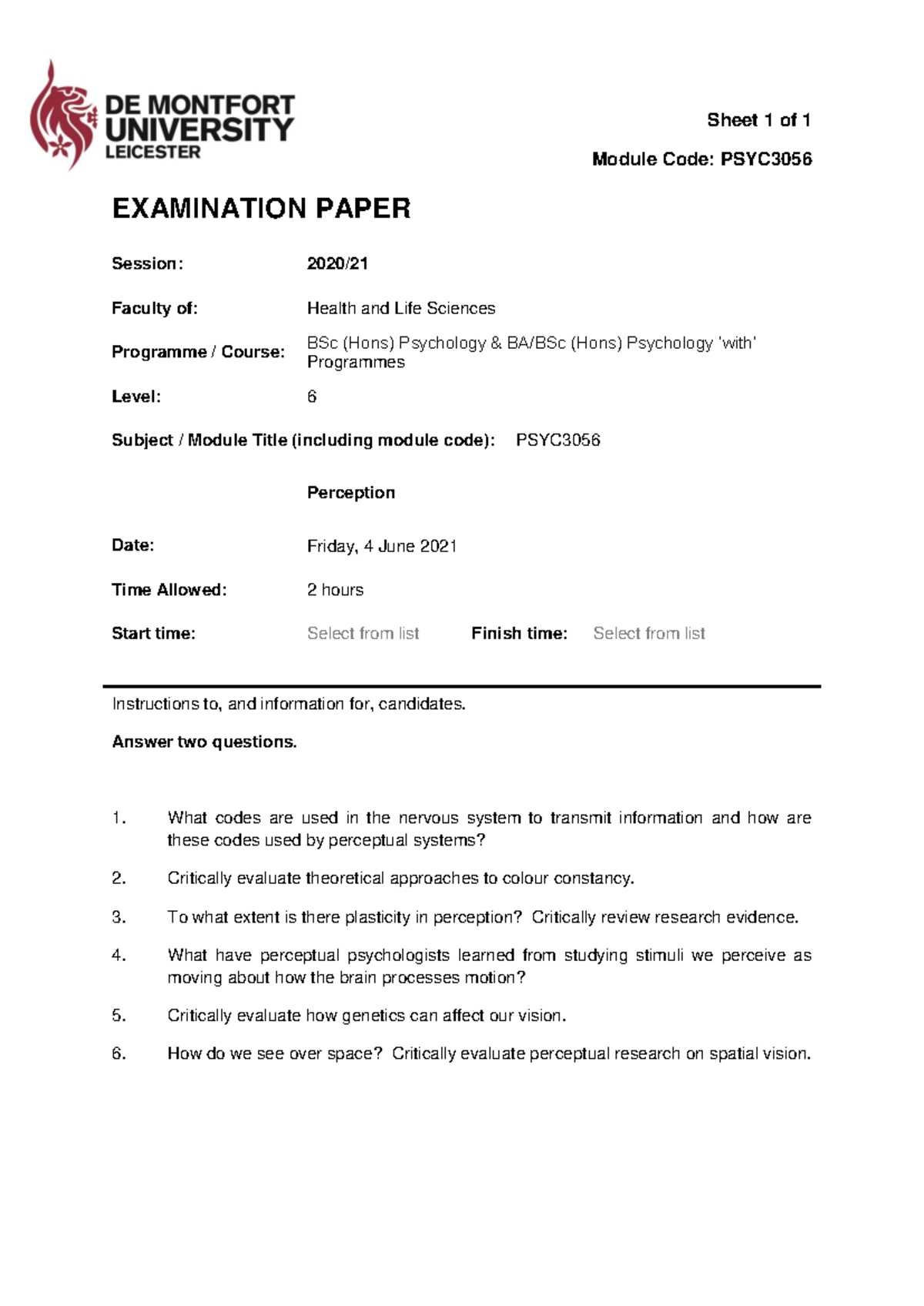 PSYC3056 - Perception Exam Paper Summer 2021 - Sheet 1 of 1 Module Code ...