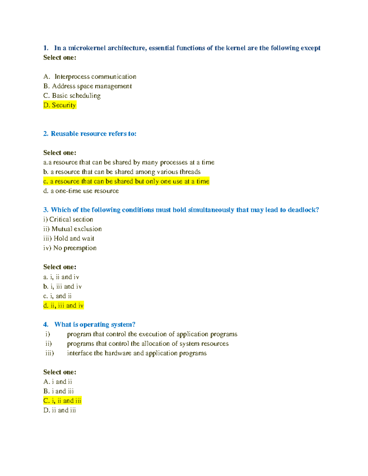 OS EXAM Importent - 1. In a microkernel architecture, essential ...