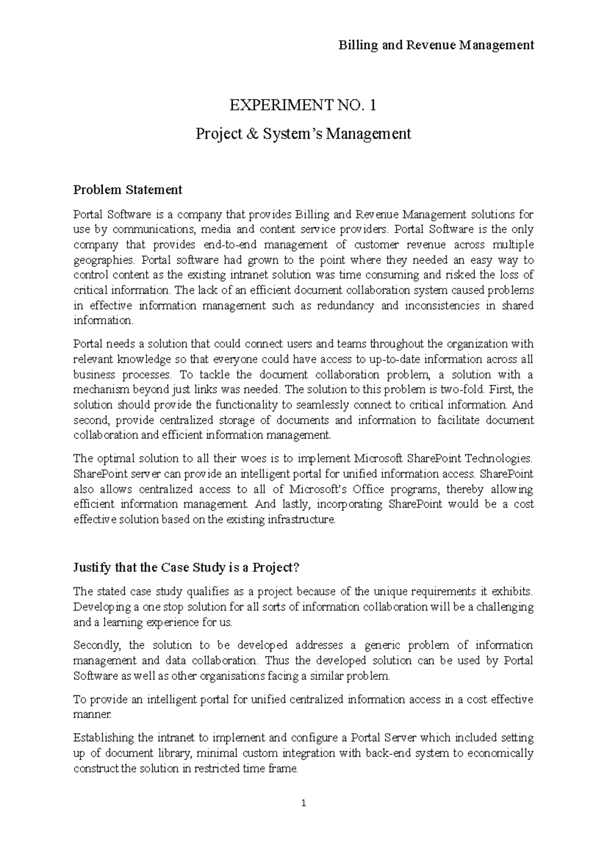 Spmexp 1 - EXPERIMENT NO. 1 Project & System’s Management Problem ...