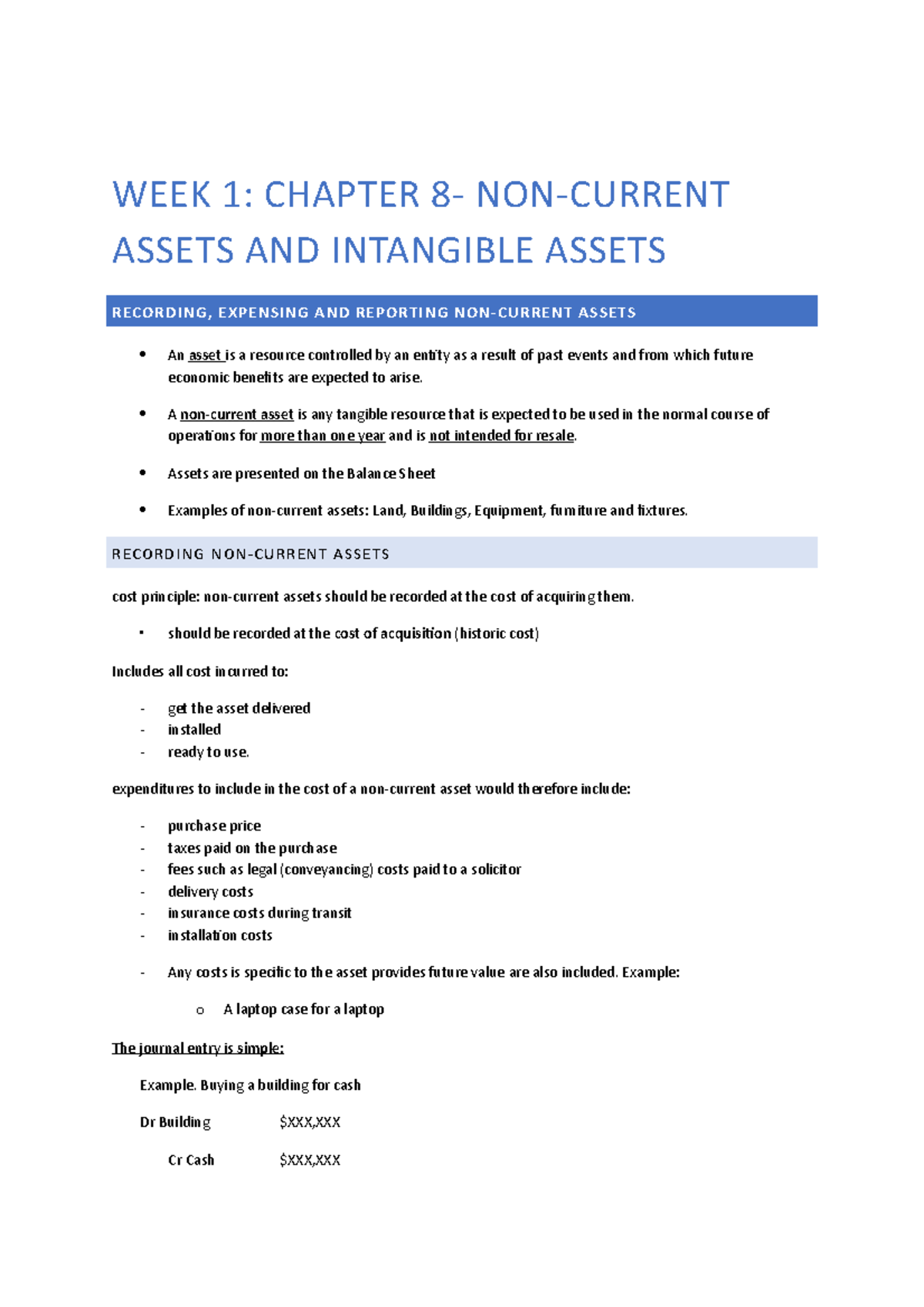 Lecture 1 - Notes - WEEK 1: CHAPTER 8- NON-CURRENT ASSETS AND ...