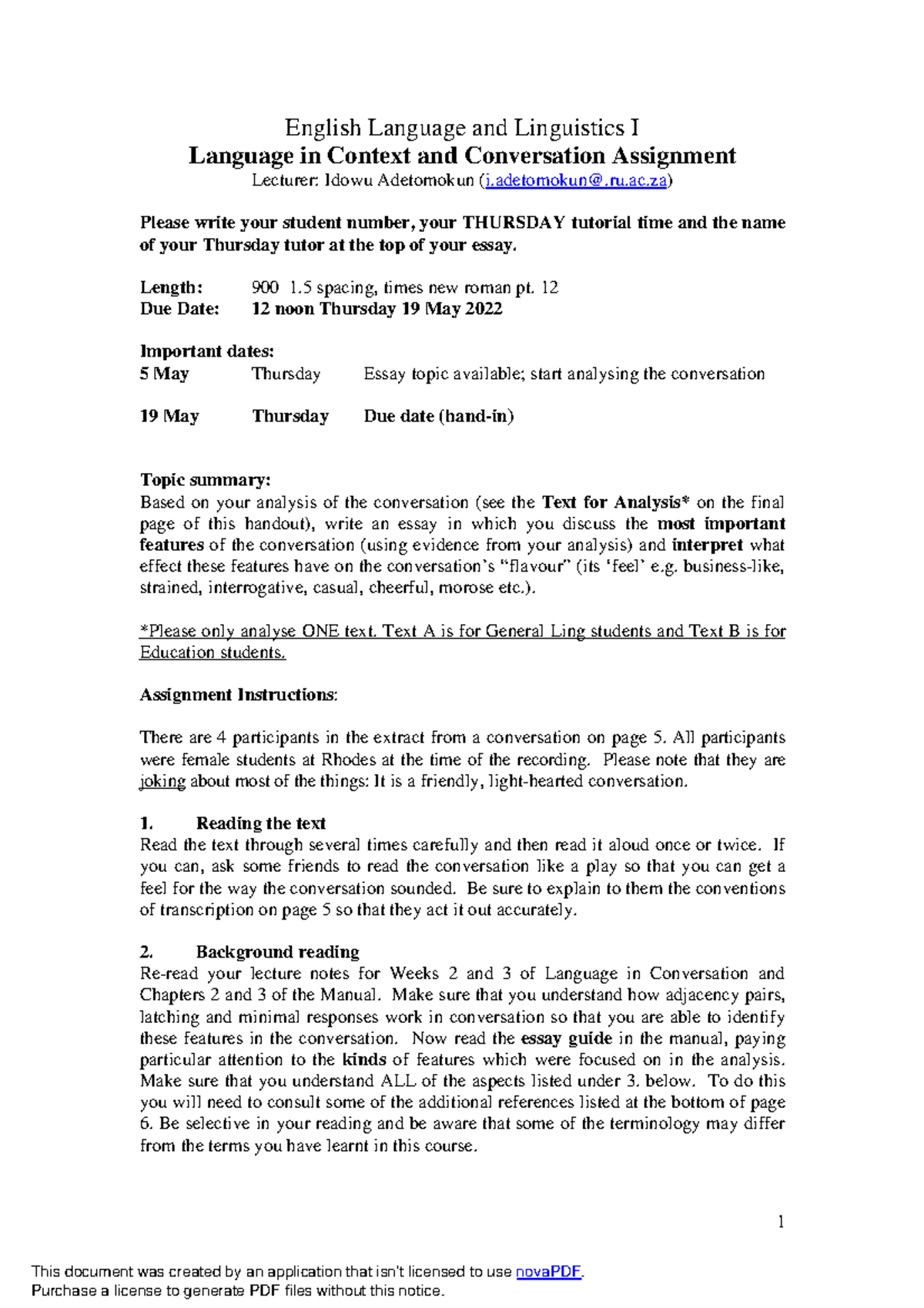 Language in Context and Conversation Assignment 2022 - 1 English ...