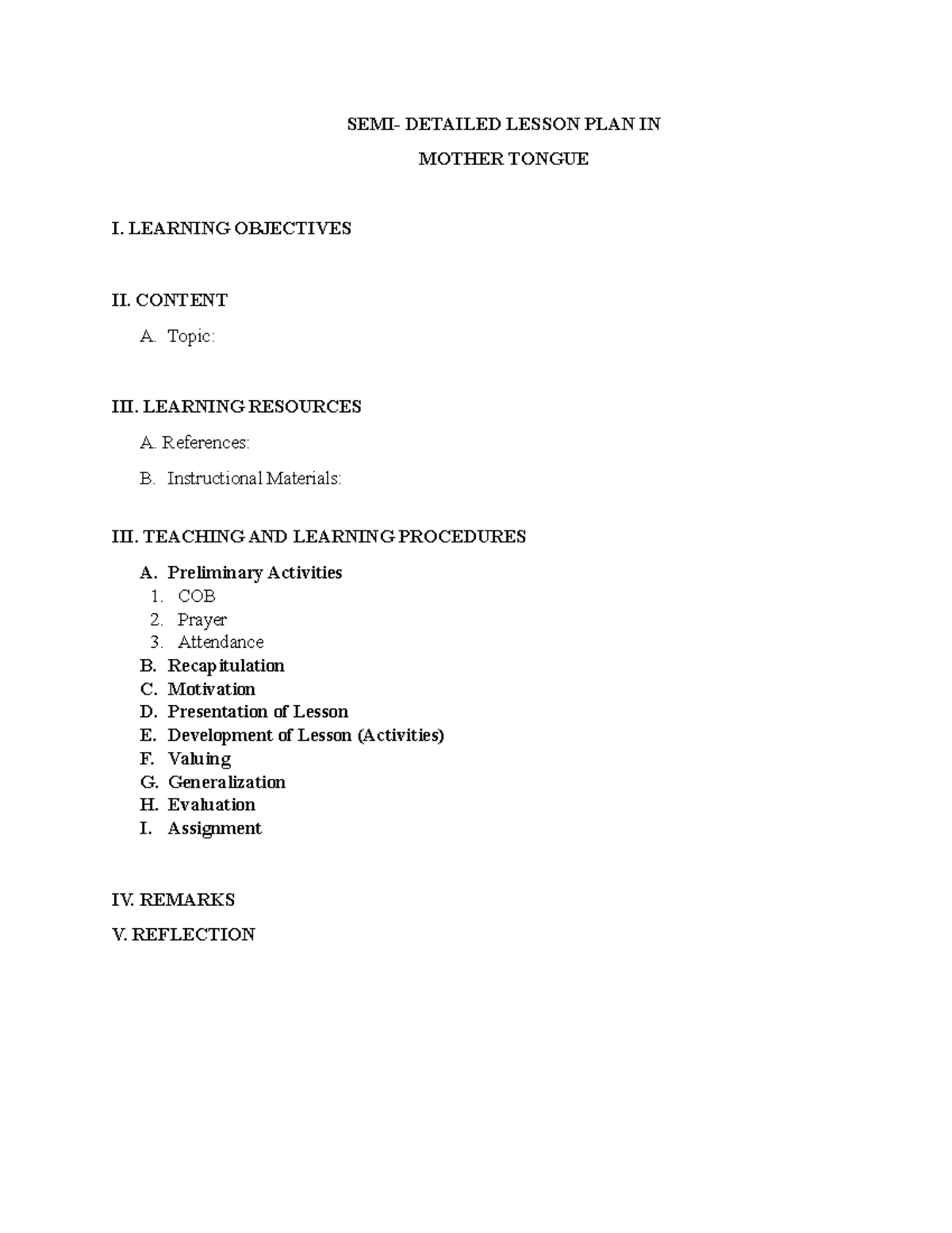 Semi detailed lesson plan template - Bachelor of Elementary Education ...