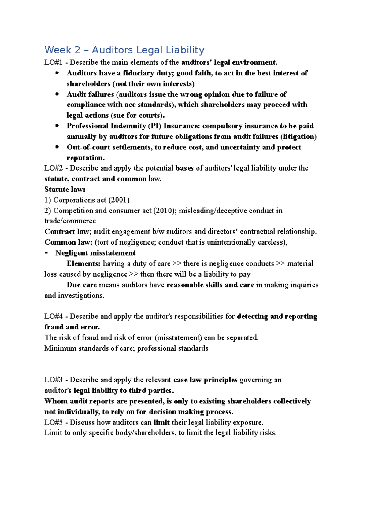 Week 2 Auditing Lecture 2 Notes Week 2 Auditors Legal Liability