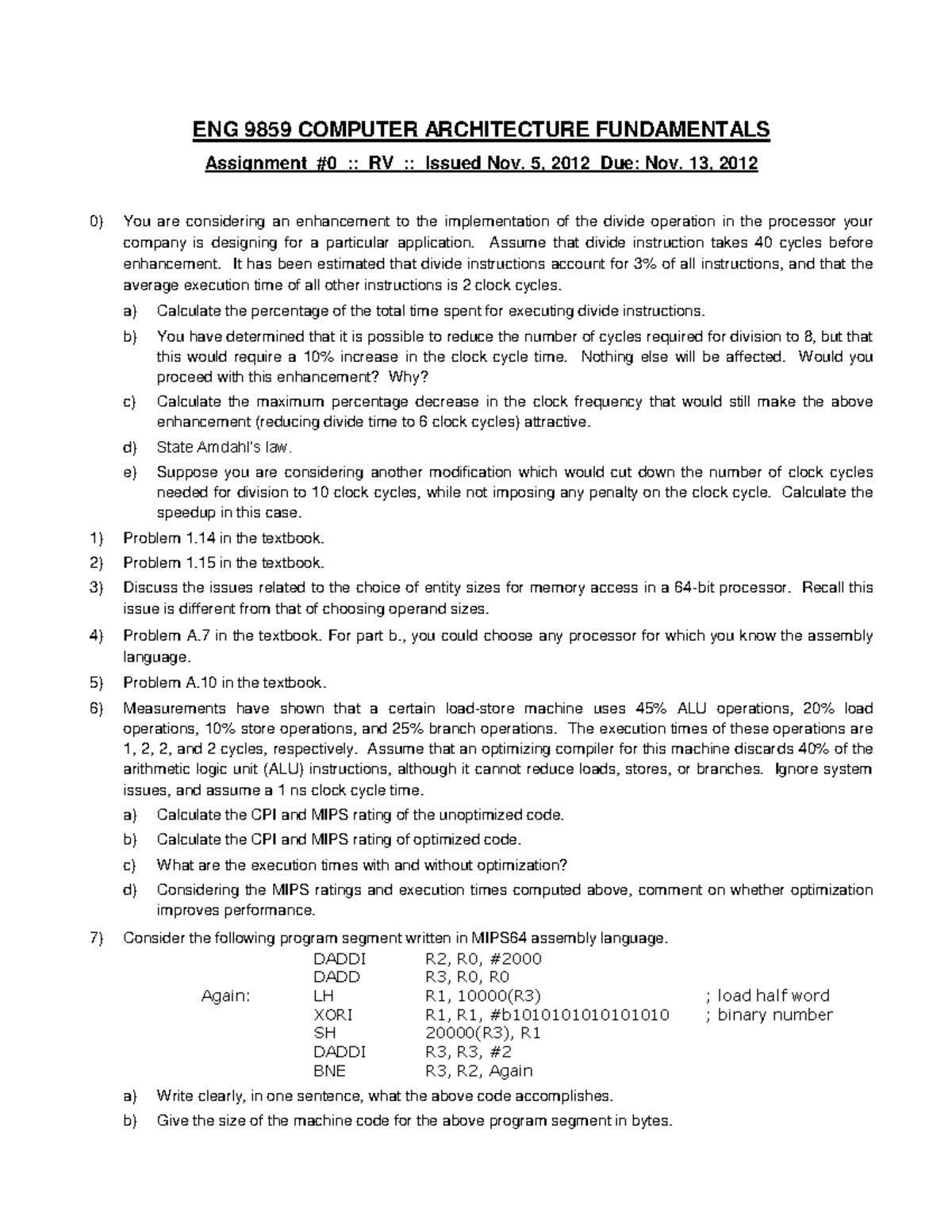 Assign #0 2012 - ENG 9859 COMPUTER ARCHITECTURE FUNDAMENTALS Assignment #0 :: RV :: Issued Nov ...