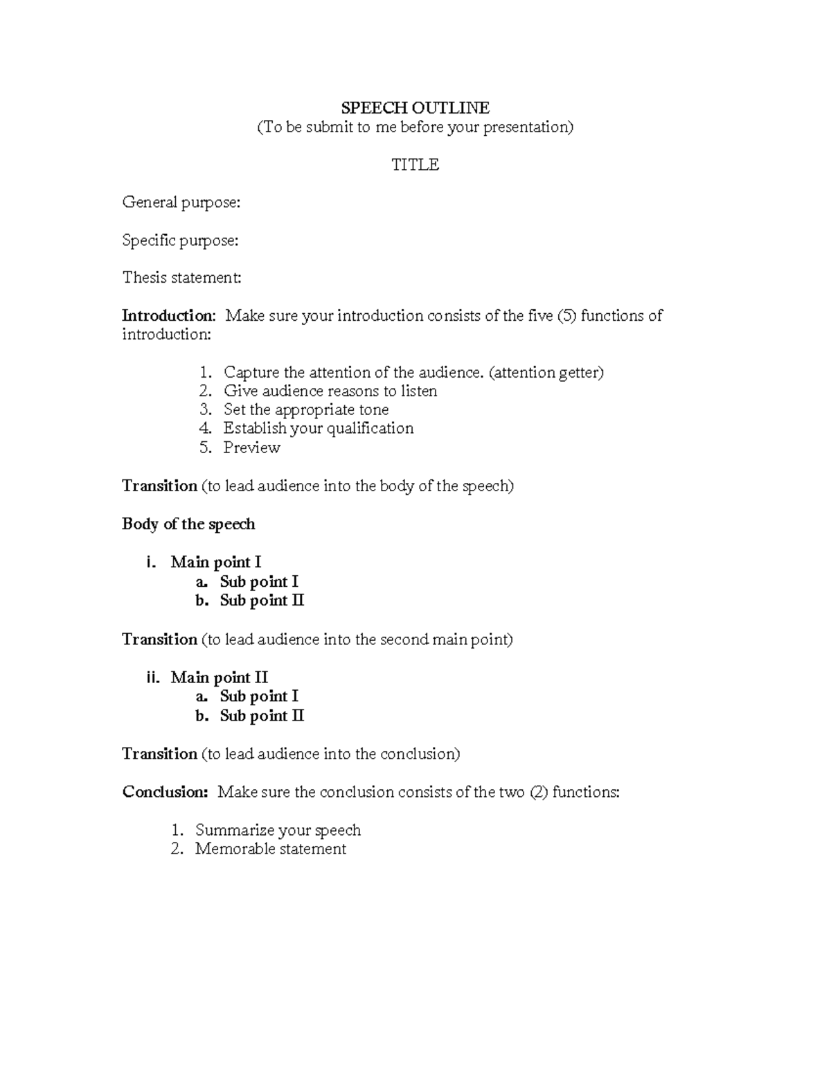 Speech Outline - SPEECH OUTLINE (To be submit to me before your ...