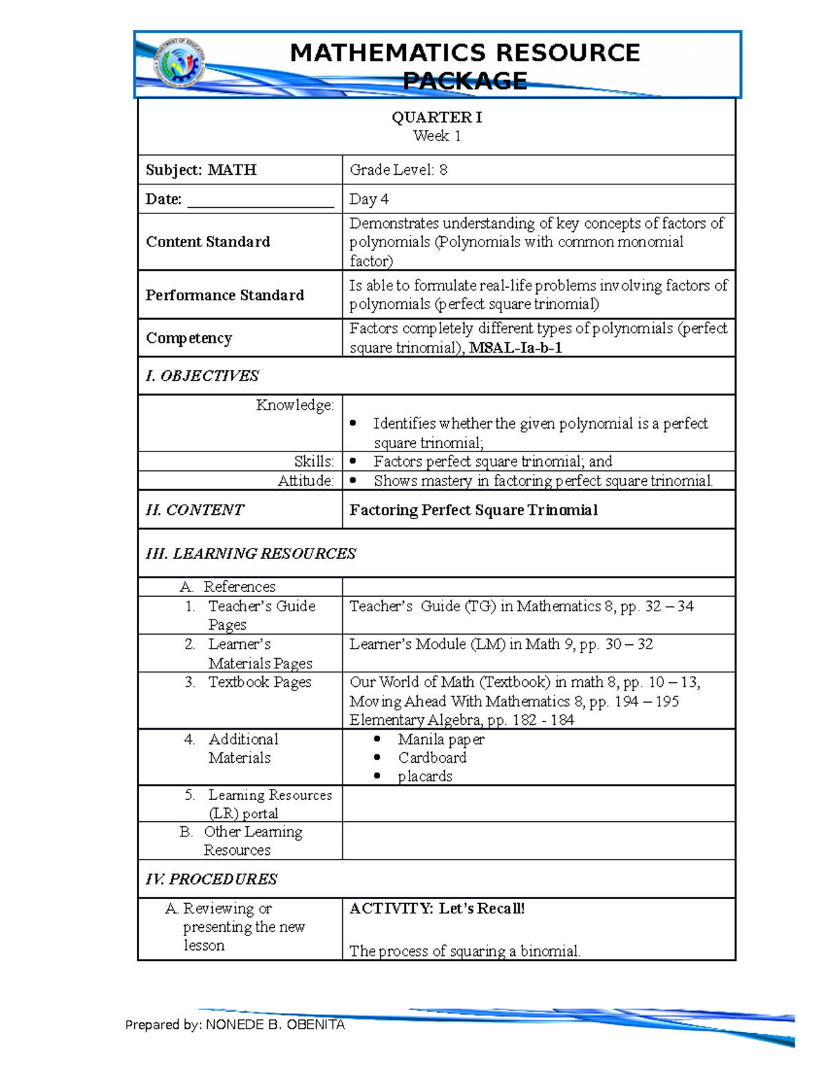 DLL-8 (WEEK 1, DAY 4) - PACKAGE QUARTER I Week 1 Subject: MATH Grade ...