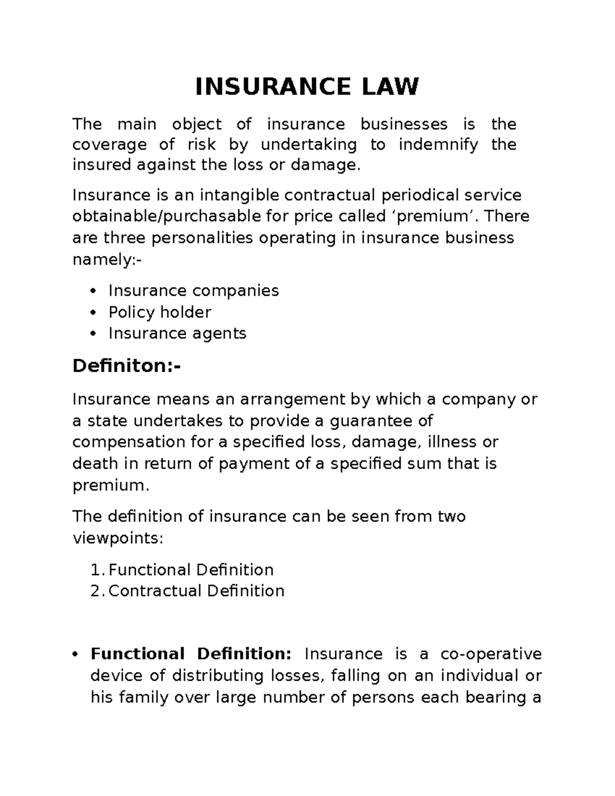 Insurance LAW - INTRA MOOT COURT - INSURANCE LAW The main object of ...