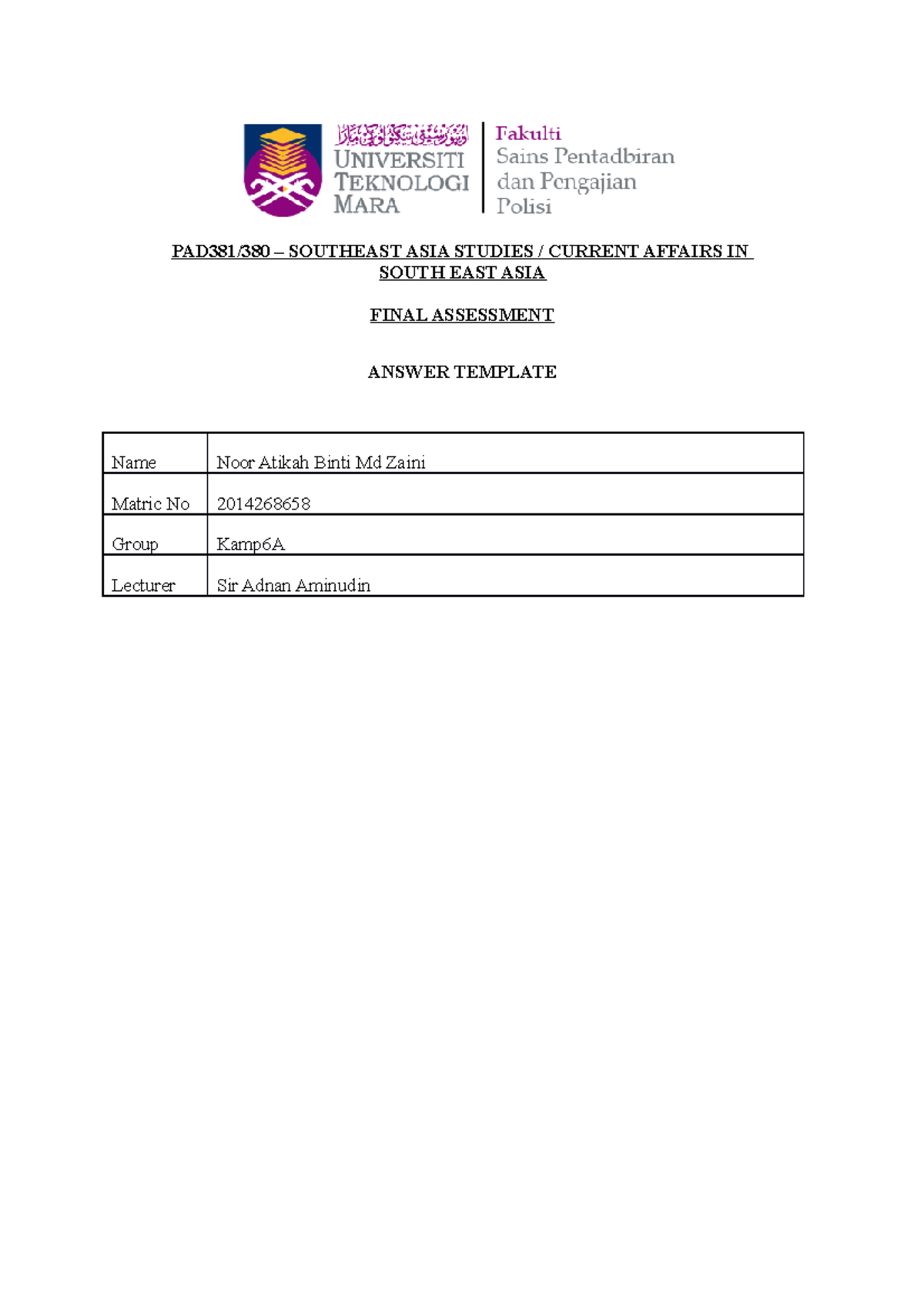 Past year question PAD381 -ASEAN STUDY - PAD381/380 – SOUTHEAST ASIA STUDIES / CURRENT AFFAIRS ...