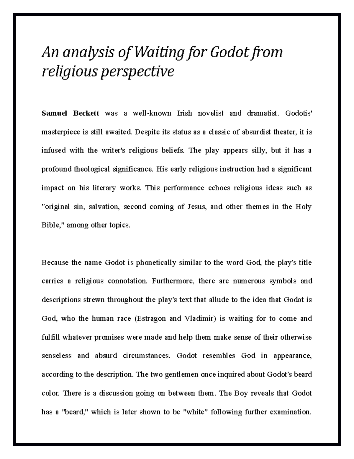 An analysis of Waiting for Godot from religious perspective - An ...