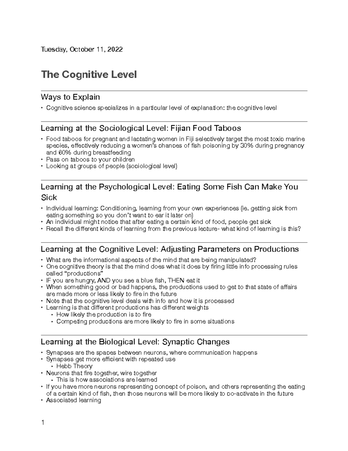 CGSC 1001- The Cognitive Level - Tuesday, October 11, 2022 The Cognitive Level Ways to Explain ...