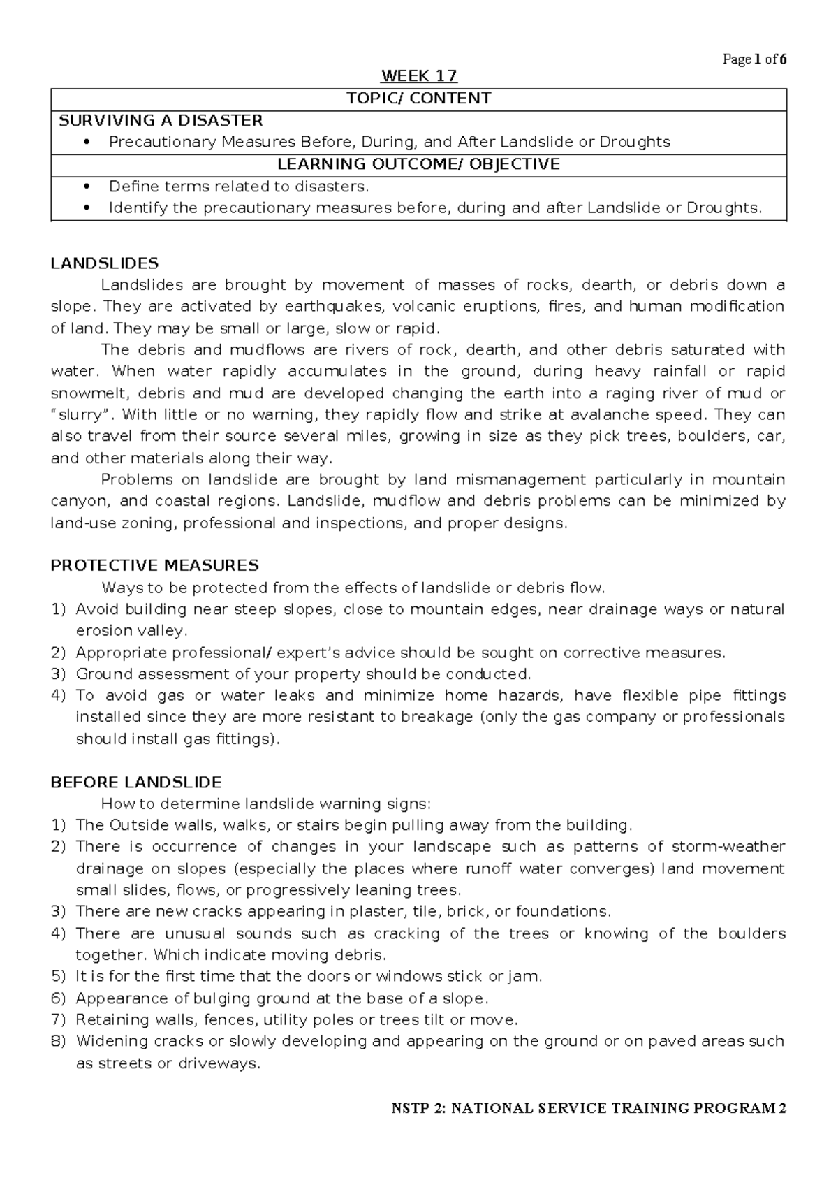 WEEK-17 - For BsEducation - WEEK 17 TOPIC/ CONTENT SURVIVING A DISASTER ...