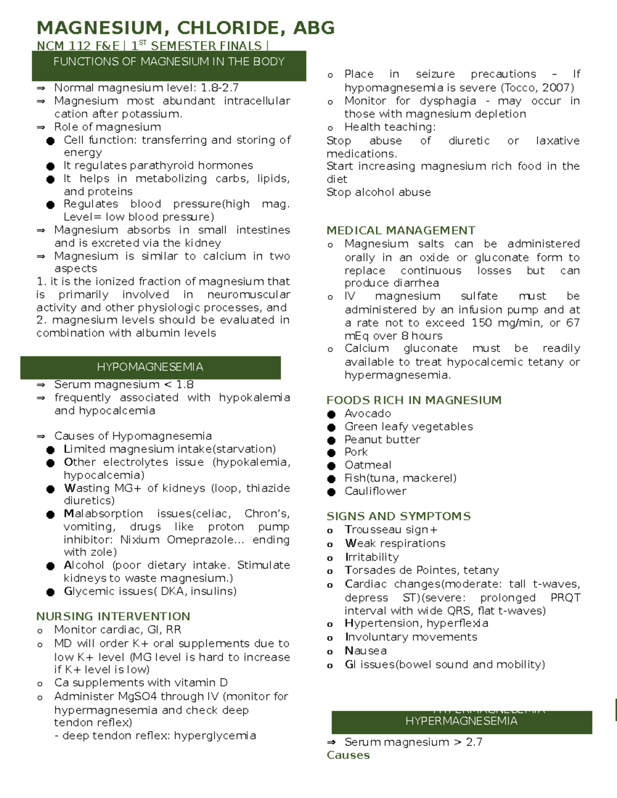 Fluids and Electrolytes (Mg, Cl, ABG) - NCM 112 F&E | 1ST SEMESTER ...